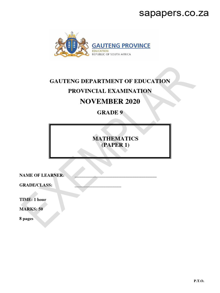 Grade 9 Mathematics Exam Paper 1 | PDF | Mathematics | Applied Mathematics