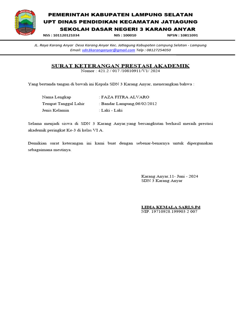 Surat Keterangan Prestasi Akademik Pdf