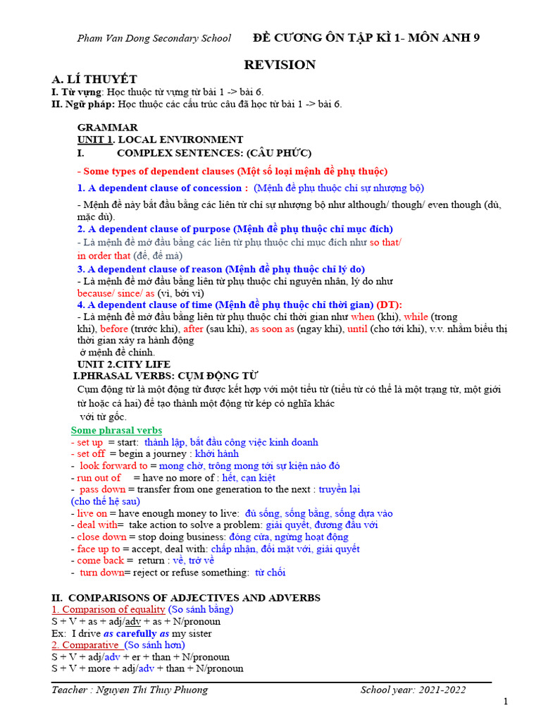 ĐỀ CƯƠNG ÔN TẬP KÌ 1- ANH 9-P | PDF