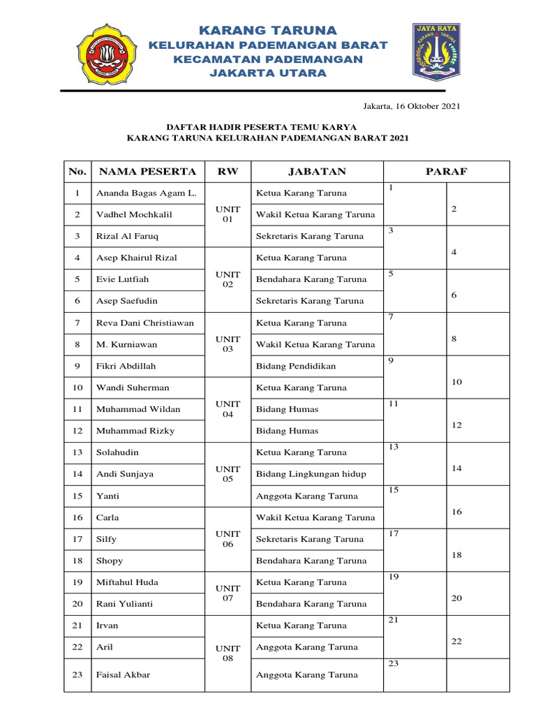 Daftar Hadir TK 2021 | PDF