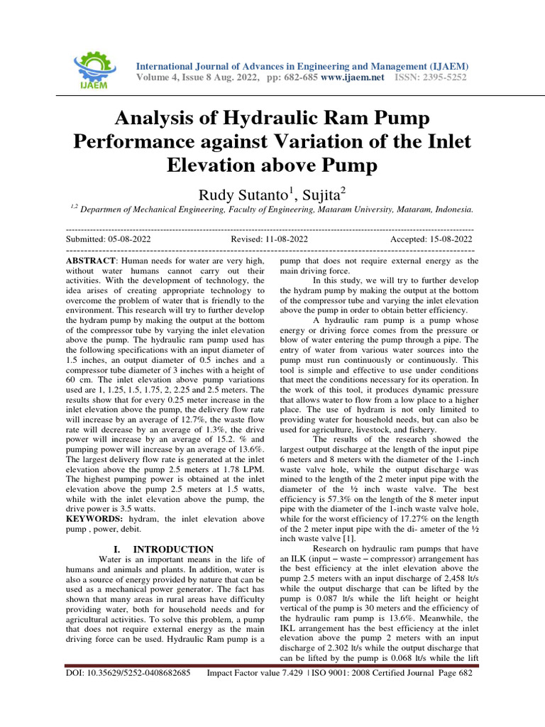 Analysis of Hydraulic Ram Pump Performance Against Variation of The ...