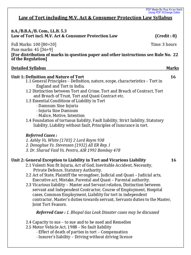 Law of Tort Syllabus of Gauhati University | PDF | Tort | Legal Liability