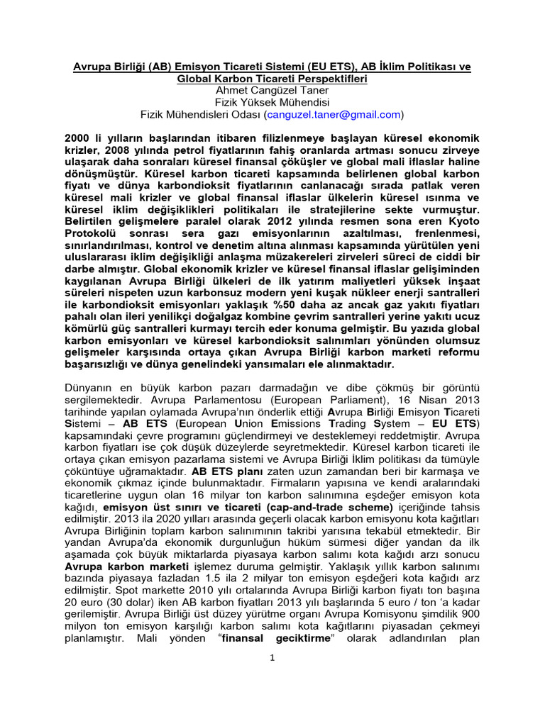 Avrupa Birliği AB Emisyon Ticareti Sistemi EU ETS AB İklim Politikası Ve Global Karbon Ticareti ...