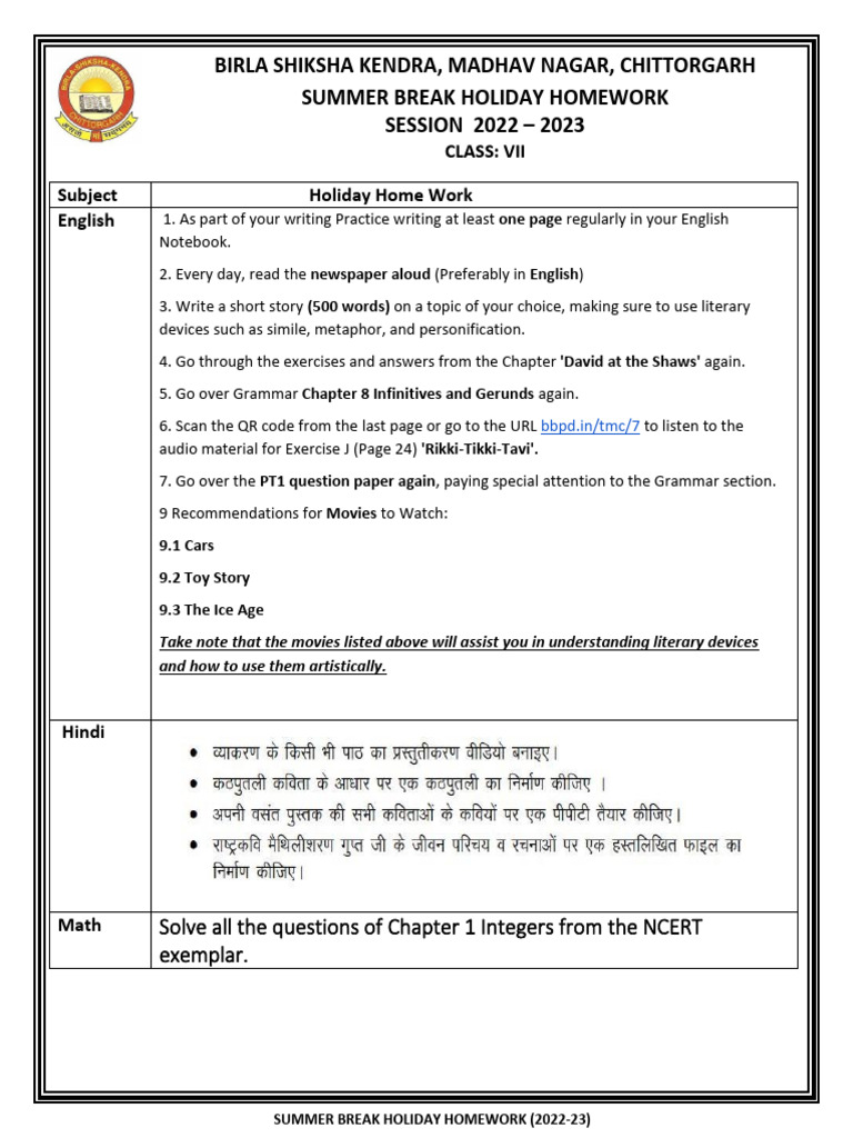 Class VII Summer Break Holiday Homework 2022-23-5 | PDF | Art | Science ...