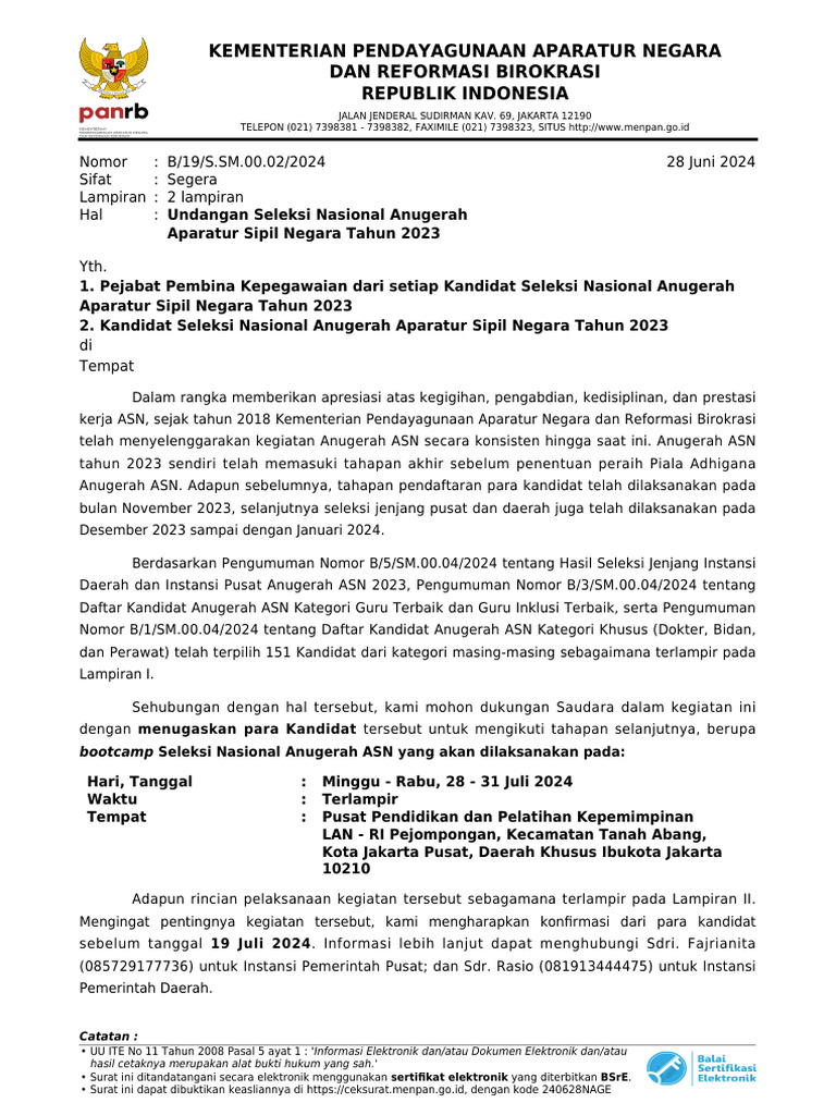 Undangan Seleksi Nasional Anugerah ASN 2023-1-2 | PDF