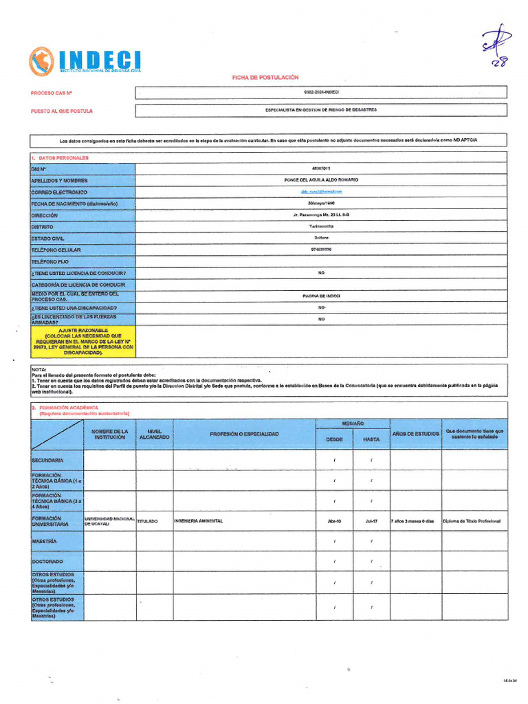Ponce Del Aguila Aldo Romario Cas #182-2024 Indeci | PDF
