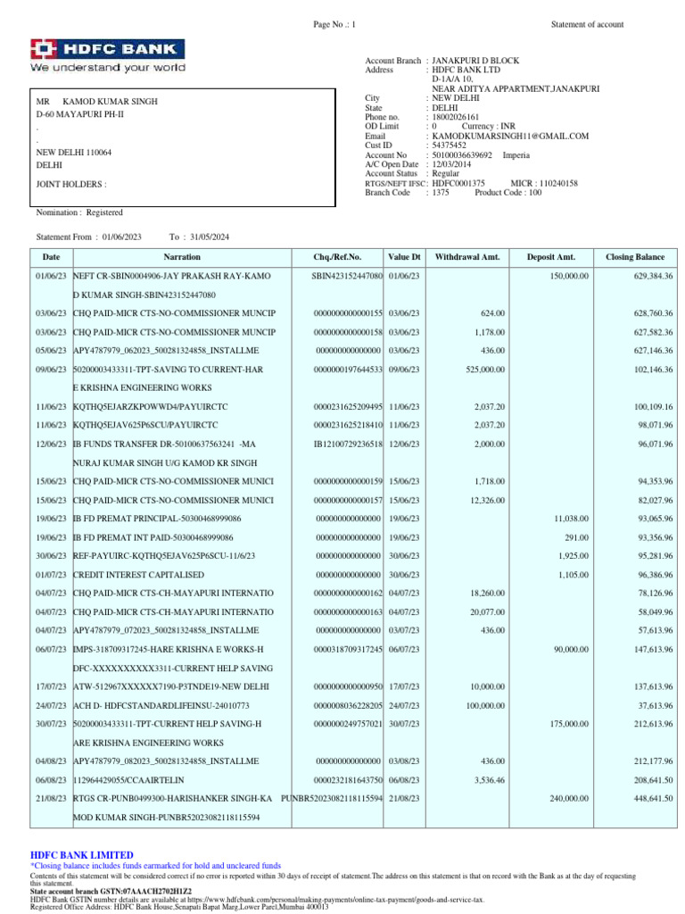 Date Narration Chq./Ref - No. Value DT Withdrawal Amt. Deposit Amt ...