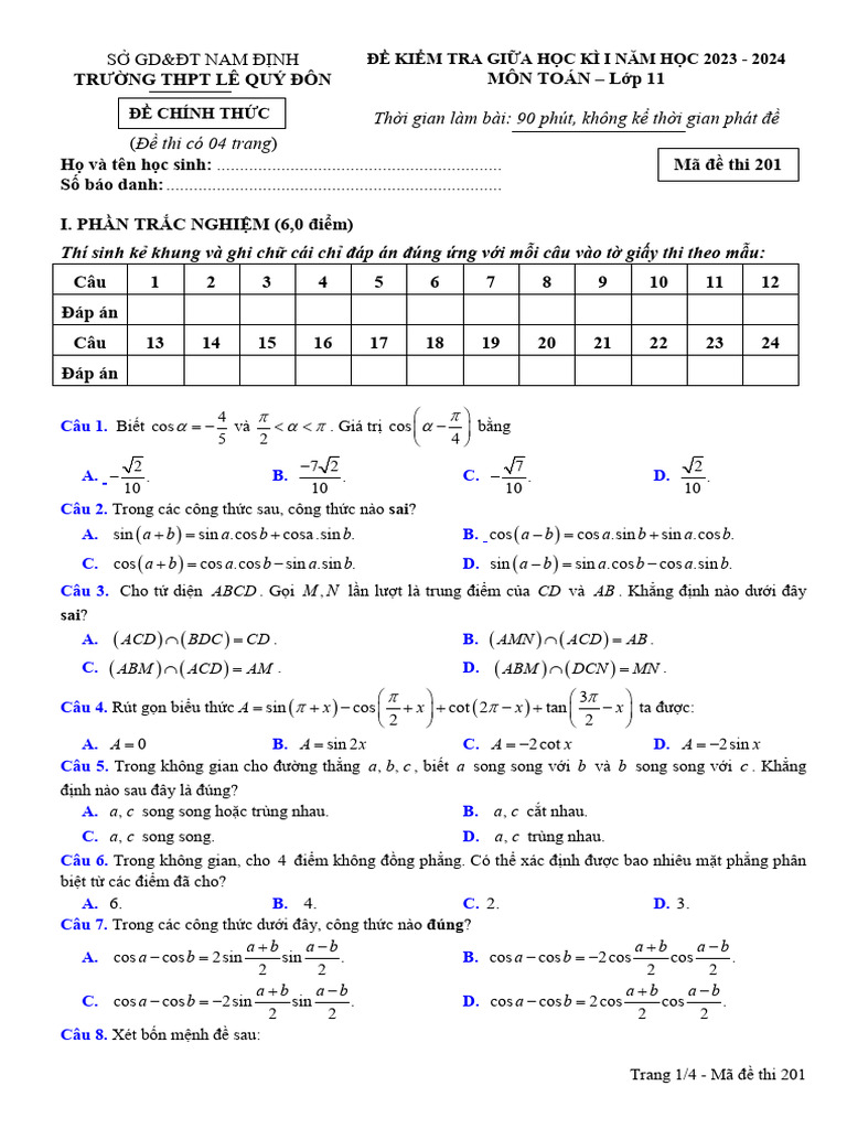 De Giua Hoc Ki 1 Toan 11 Nam 2023 2024 Truong THPT Le Quy Don Nam Dinh | PDF