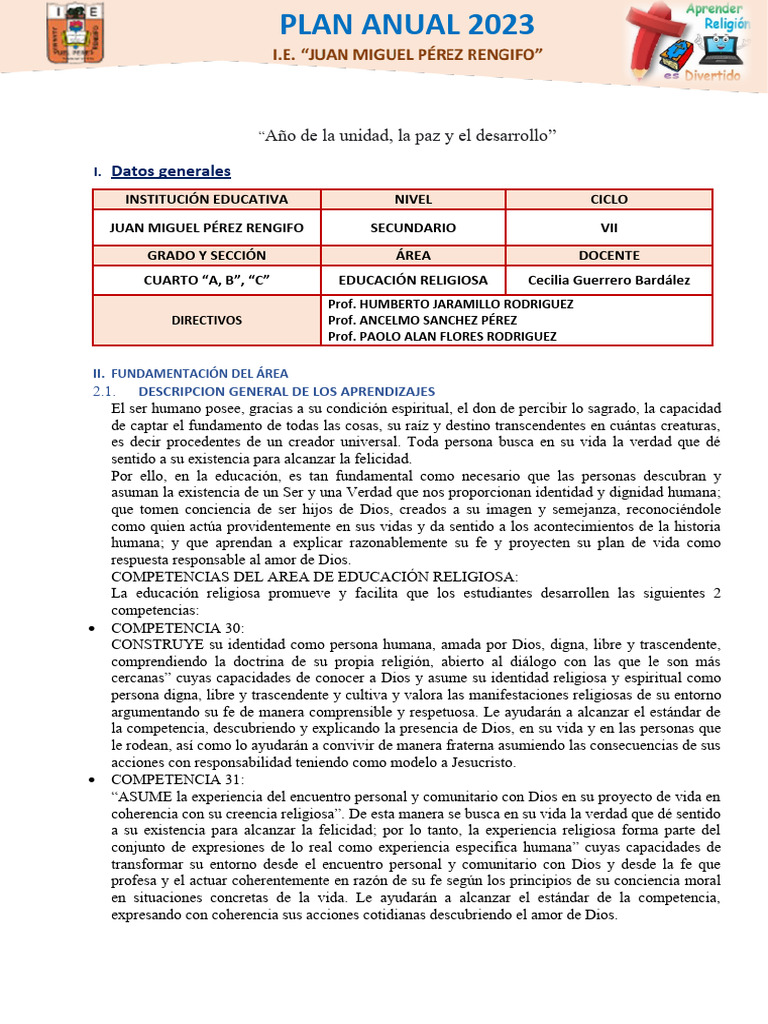 Plan Anual - Cuarto | PDF | Fe | Aprendizaje
