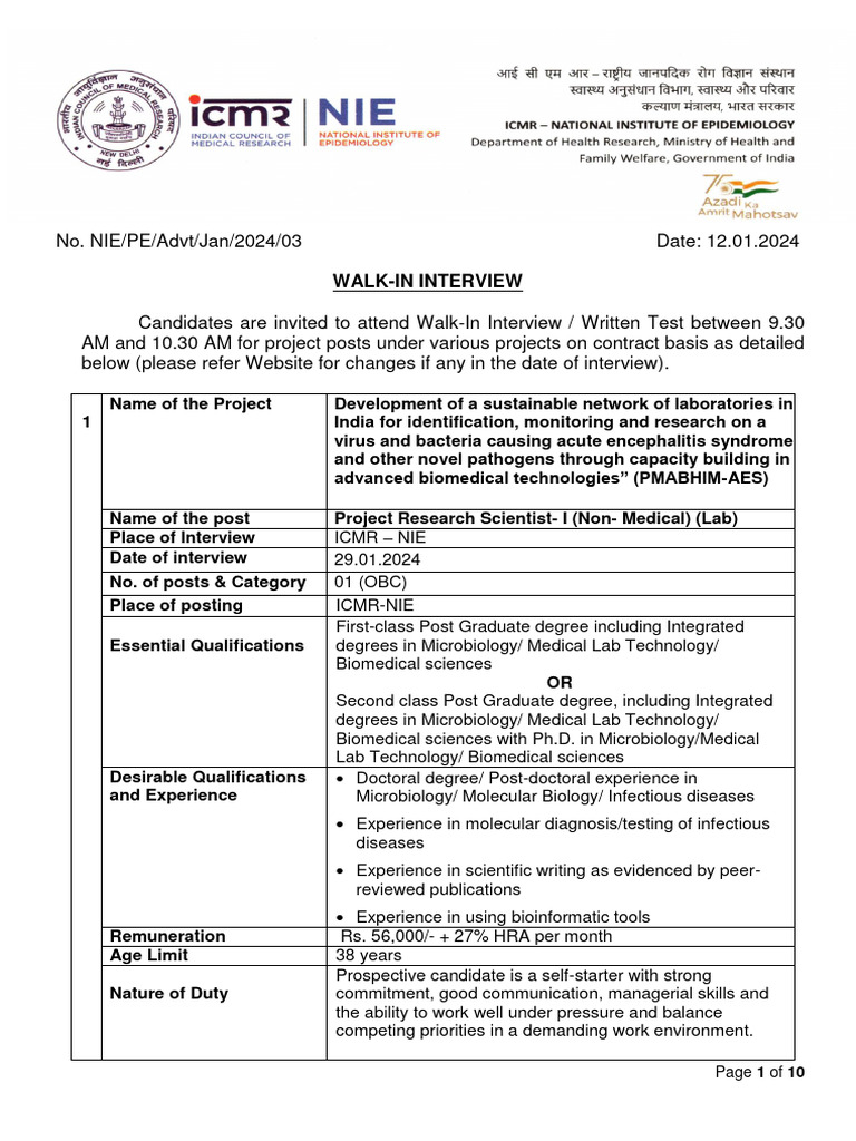 Walk-In Interview for Project Posts at ICMR | PDF | Medical Laboratory ...