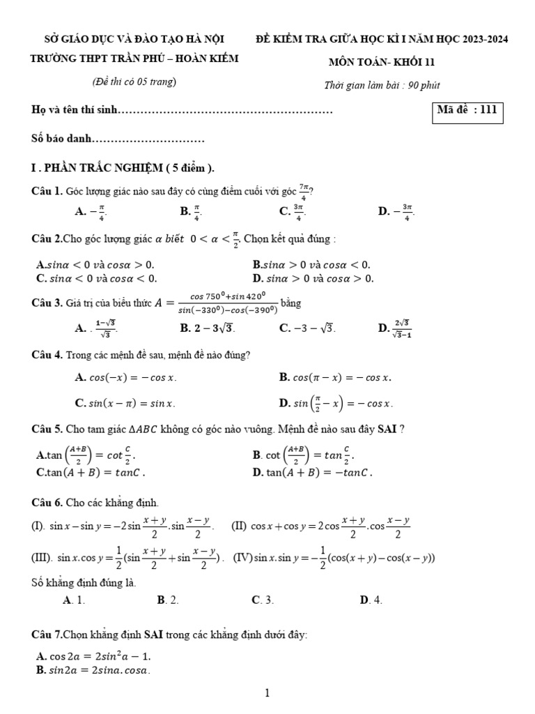 De Giua Hoc Ki 1 Toan 11 Nam 2023 2024 Truong THPT Tran Phu Ha Noi | PDF