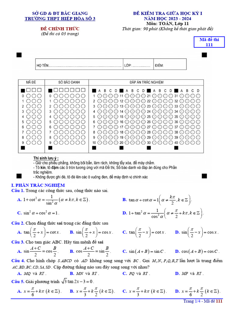 De Giua Hoc Ky 1 Toan 11 Nam 2023 2024 Truong THPT Hiep Hoa 3 Bac Giang | PDF