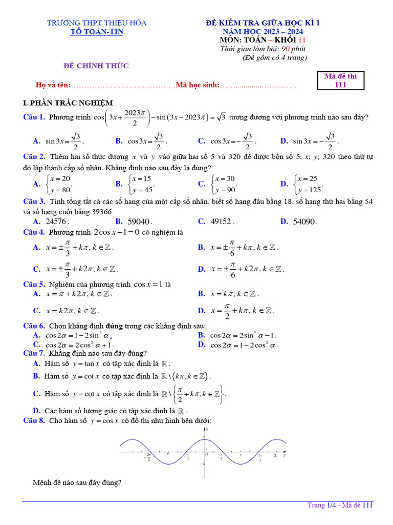 De Giua Hoc Ky 1 Toan 11 Nam 2023 2024 Truong THPT Thieu Hoa Thanh Hoa | PDF