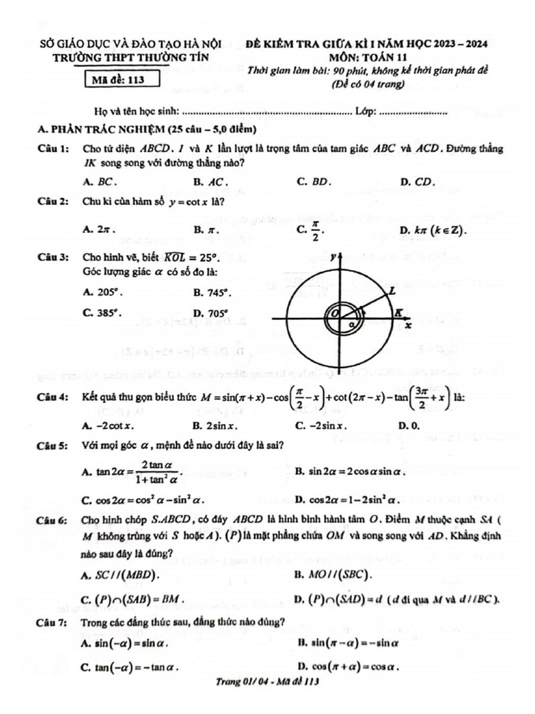 De Giua Ki 1 Toan 11 Nam 2023 2024 Truong THPT Thuong Tin Ha Noi | PDF