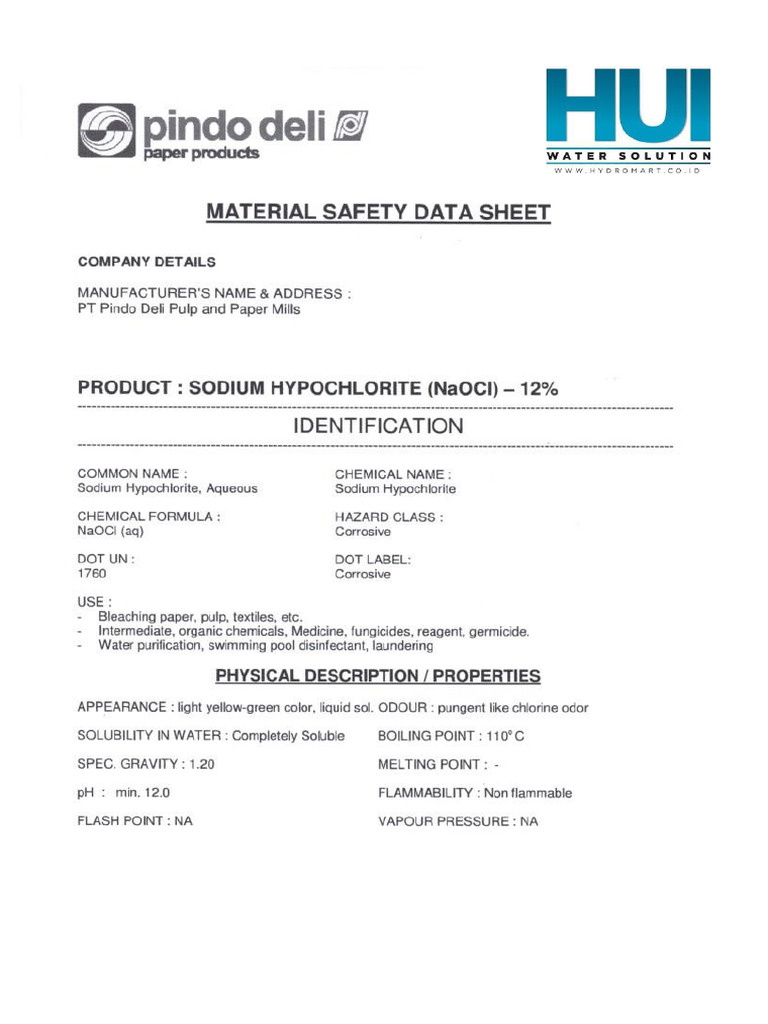 MSDS Sodium Hypochlorite | PDF