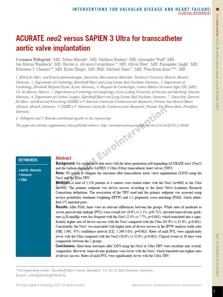 Acurate Neo2 Versus Sapien 3 Ultra For Transcatheter Aortic Valve ...