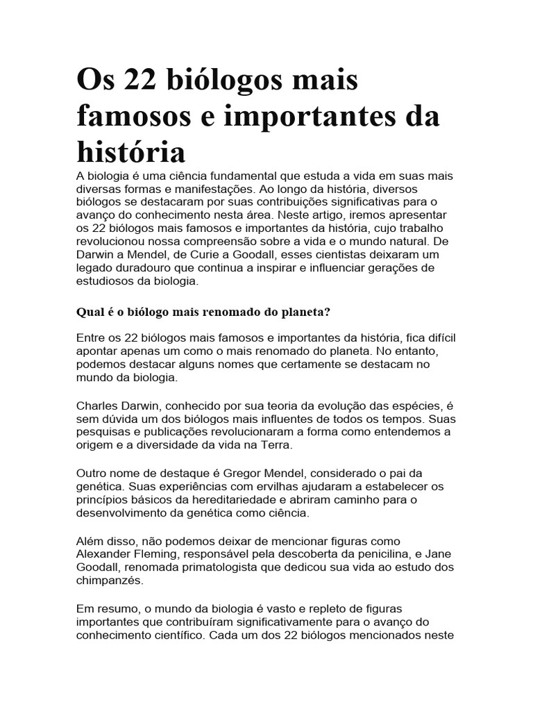 Os 22 Biólogos Mais Famosos e Importantes Da História | PDF | Biologia ...