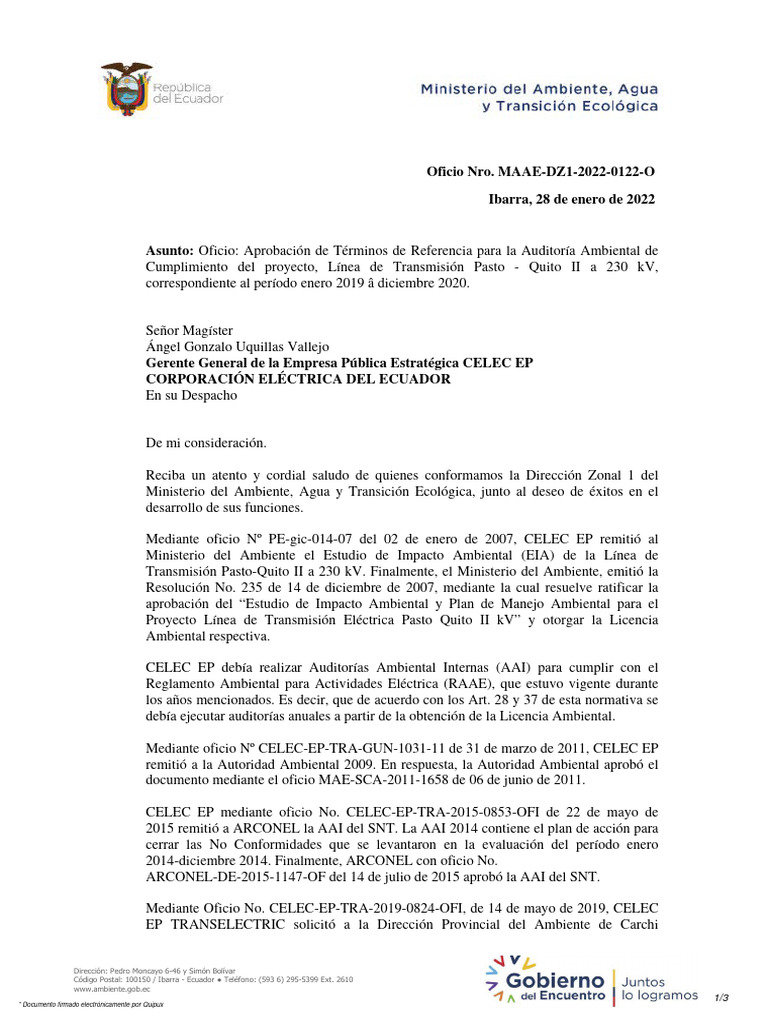 MAAE-DZ1-2022-0122-O Pasto-Quito II TdRs Ene 19-Dic 20 | PDF | Evaluación de impacto ambiental ...