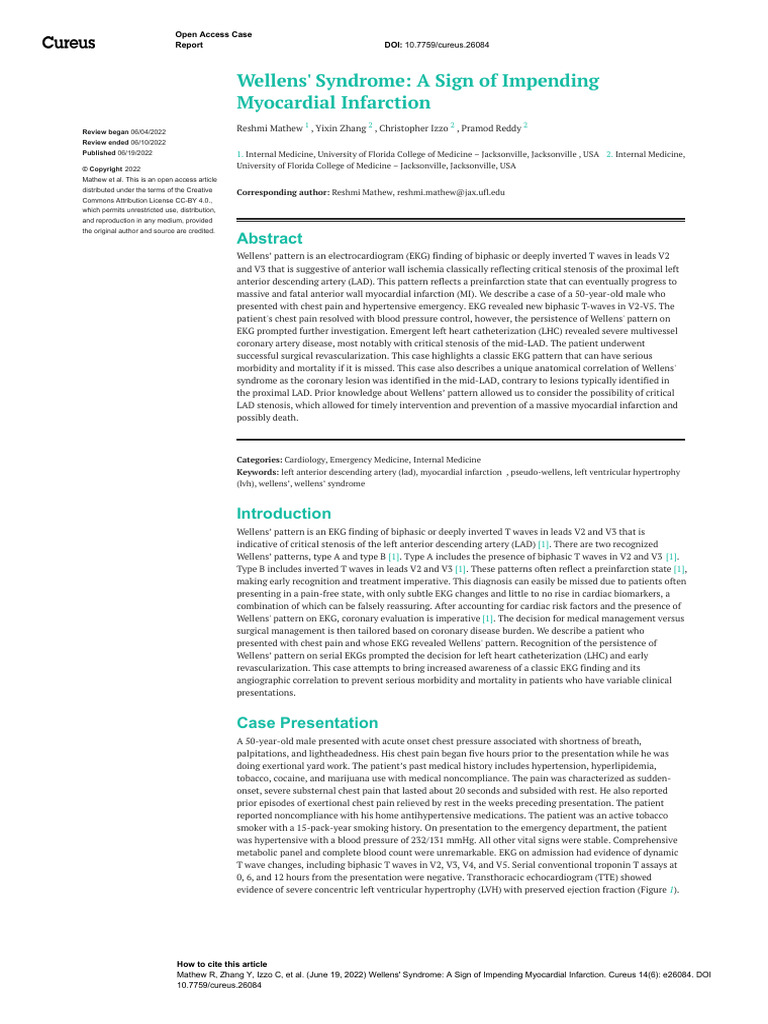 Wellens' Syndrome A Sign of Impending Myocardial Infarctio | PDF ...
