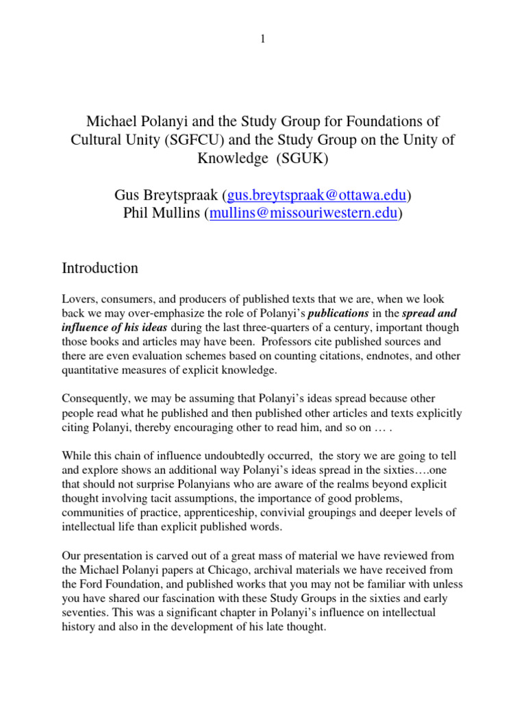Polanyi's Influence on Cultural Unity Study Groups | PDF | Reality ...