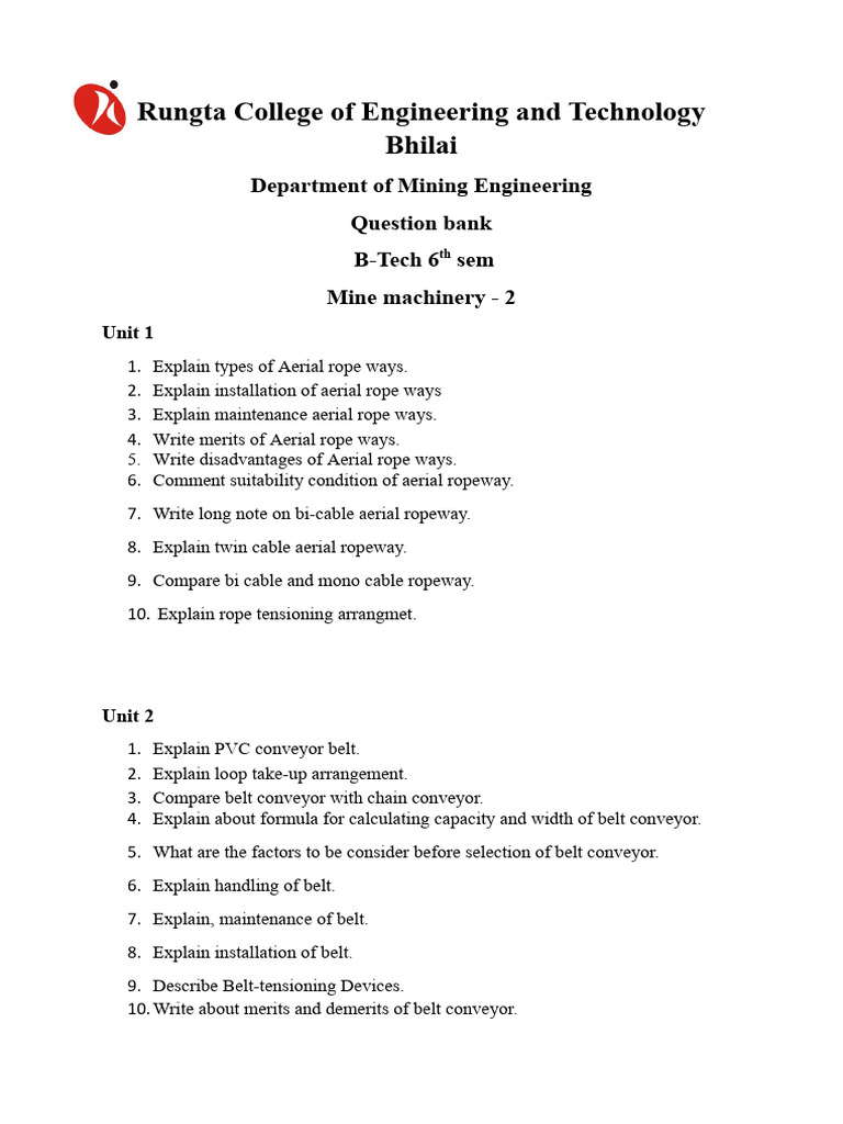 Question Bank, Mine Machinery 2 | PDF | Belt (Mechanical) | Hydraulics