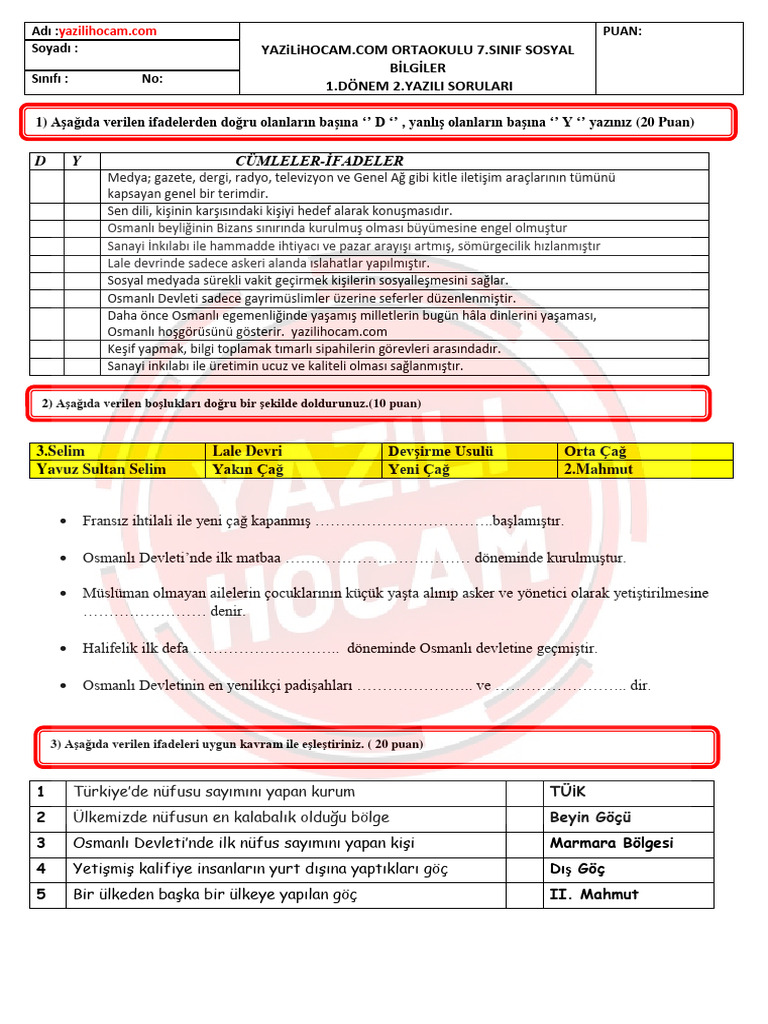 7.sinif Sosyal Bi̇lgi̇ler 1.dönem 2.yazili Sorulari - 1 | PDF