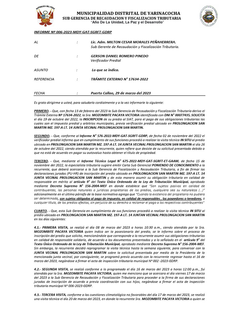 INFORME N°006 VICTORIA Archi, Desistio (T.E. #17634-2022) | PDF | Gobierno