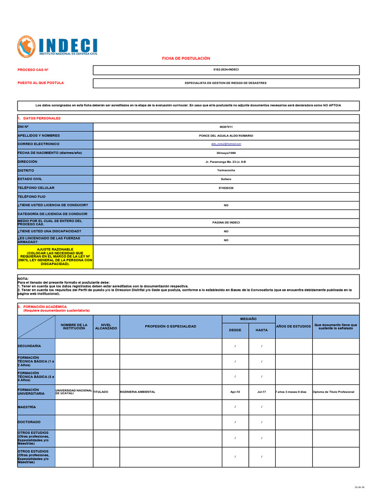 Ficha de Postulacion Ponce Del Aguila Aldo Romario Cas #182-2024 Indeci | PDF | Defensa Civil