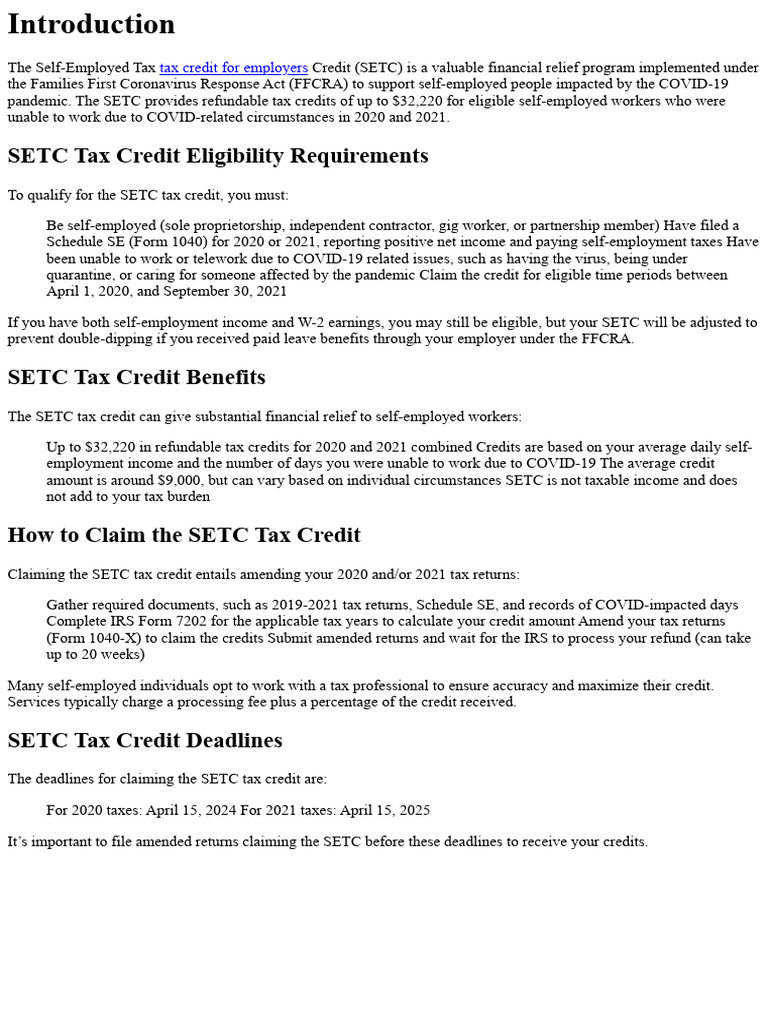 SETC Tax Credit Guide 173649 | PDF | Self Employment | Small Business ...