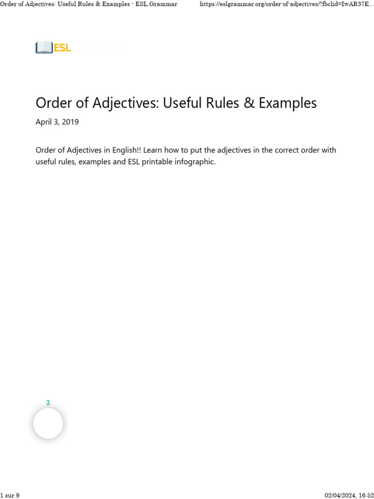 Order of Adjectives Useful Rules & Examples - ESL Grammar | PDF ...