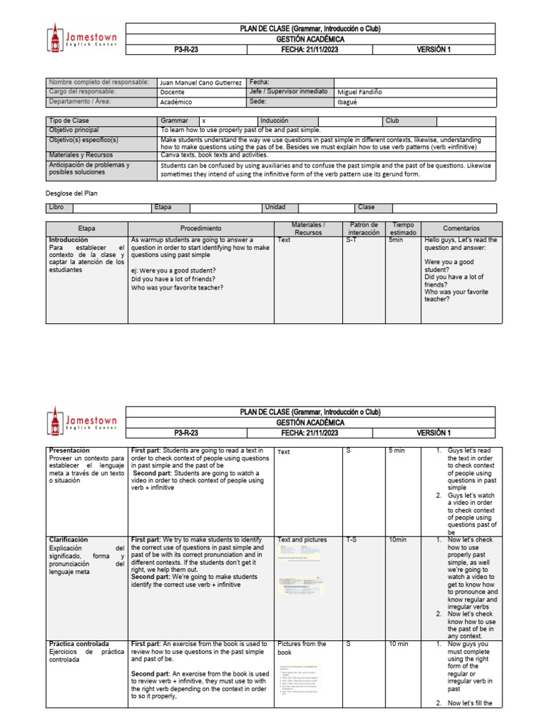 Lesson Plan Grammar U9 A2 | PDF | Syntax | Grammar