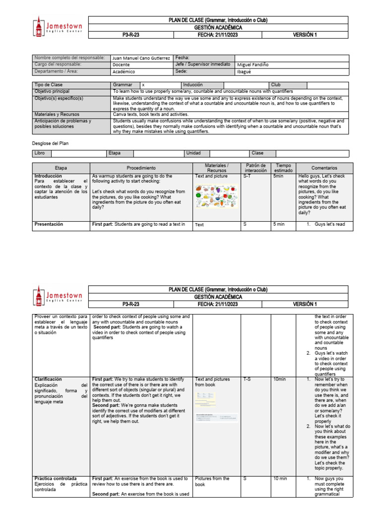 Lesson Plan Grammar U7 A2 | PDF | Noun | Plural