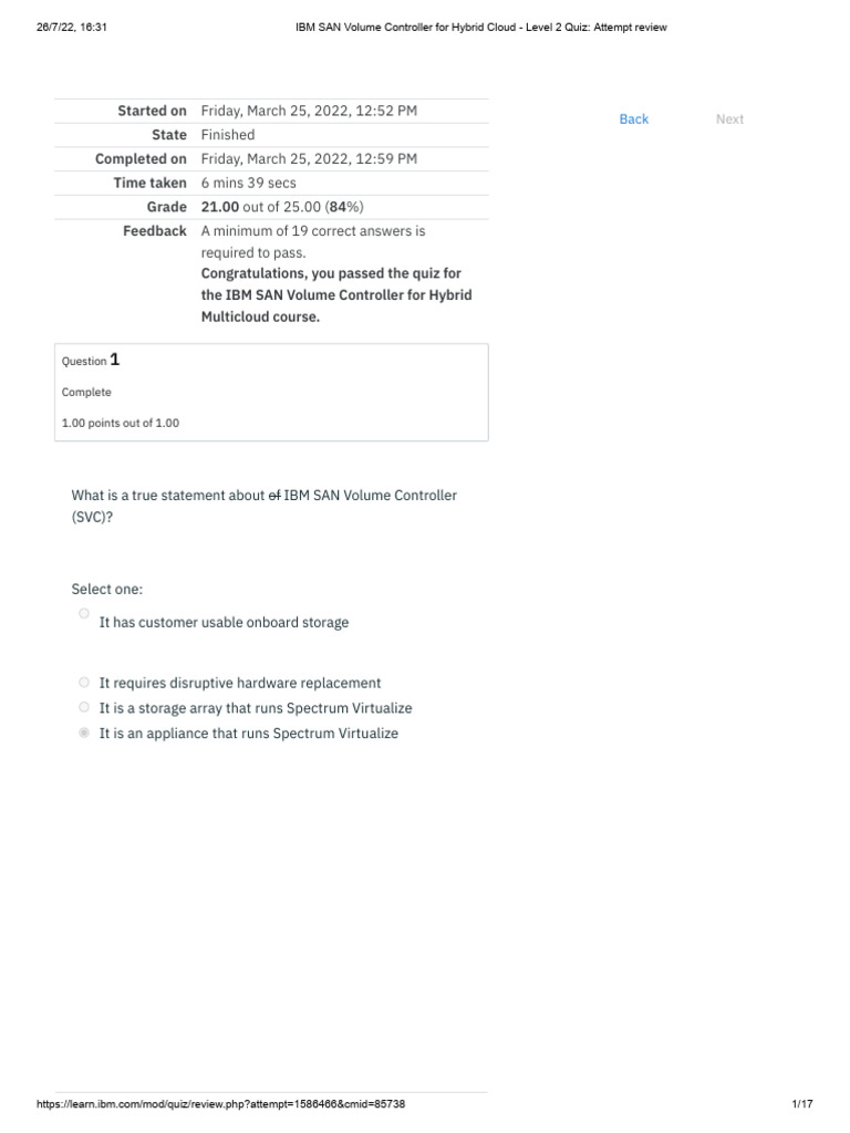IBM SAN Volume Controller For Hybrid Cloud Level 2 Quiz Attempt Review PDF | PDF | Cloud ...