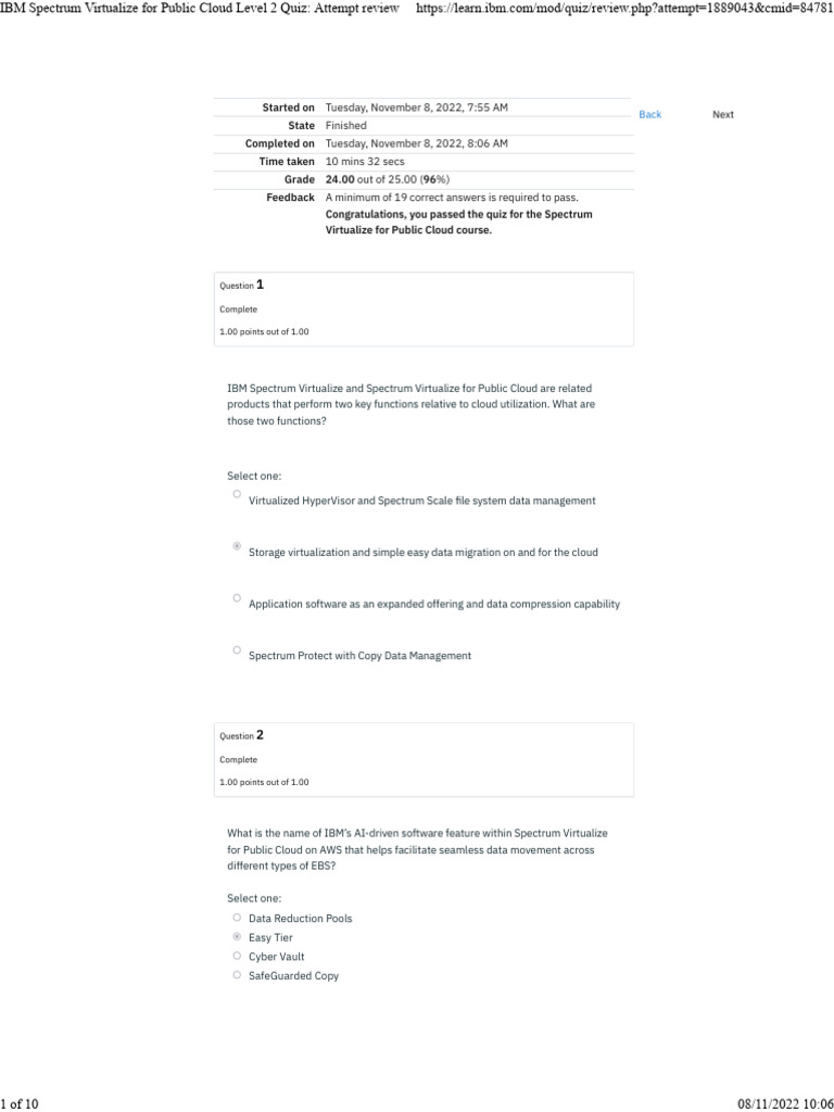 IBM Spectrum Virtualize For Public Cloud Level 2 Quiz Attempt Review PDF | PDF | Cloud Computing ...