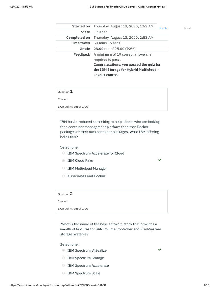 IBM Storage For Hybrid Cloud Level 1 Quiz Attempt Review PDF | PDF | Cloud Computing | Computer ...