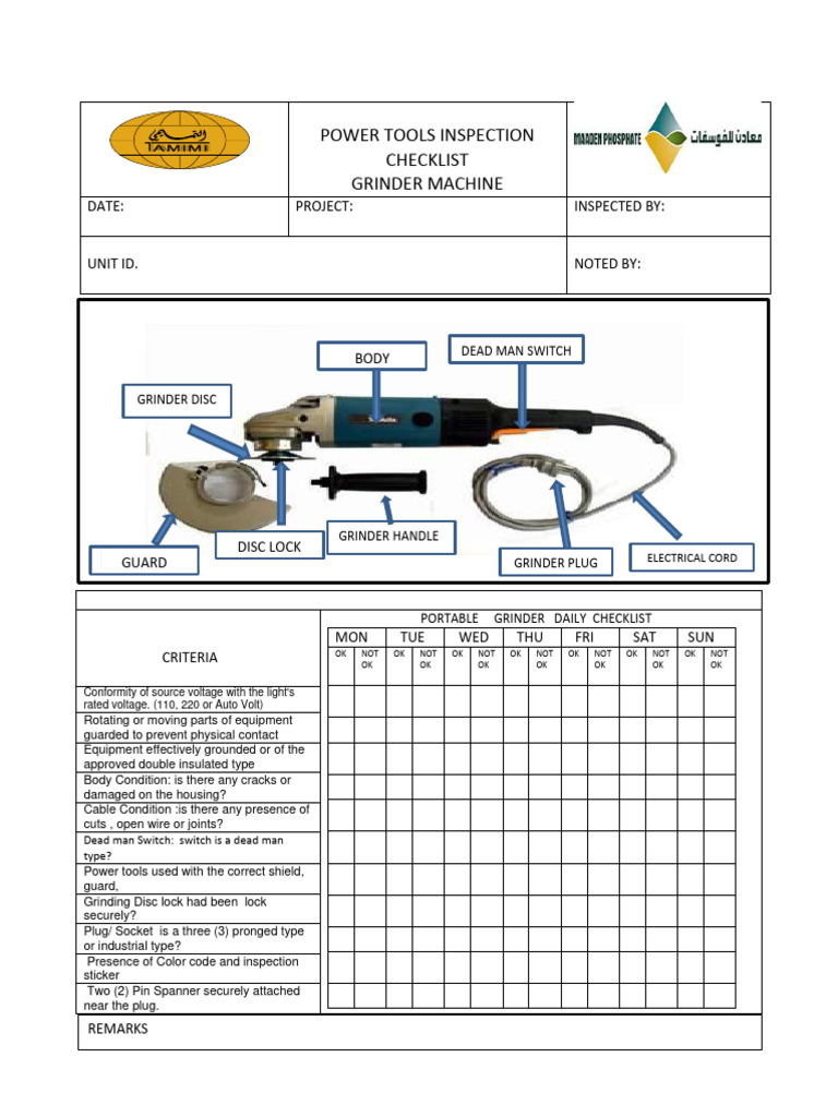 Power Tools Inspection Checklist Grinder Machine | PDF