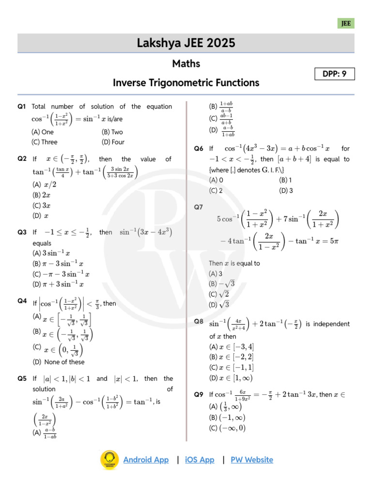 Inverse Trigonometric Functions DPP 09 (Extra DPP) | PDF | Mathematical Analysis | Triangle Geometry