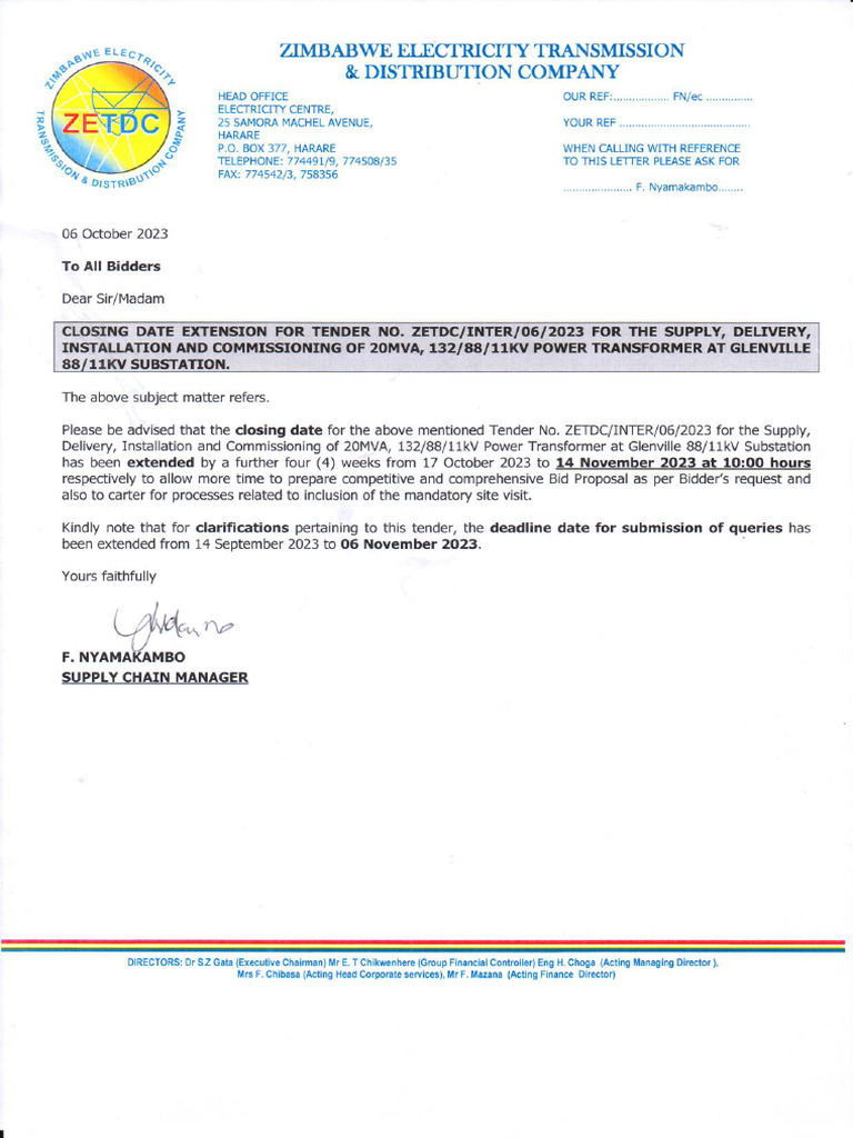 Closing Date Extension Letter For Tender No. Zetdc Inter 06 2023 | PDF