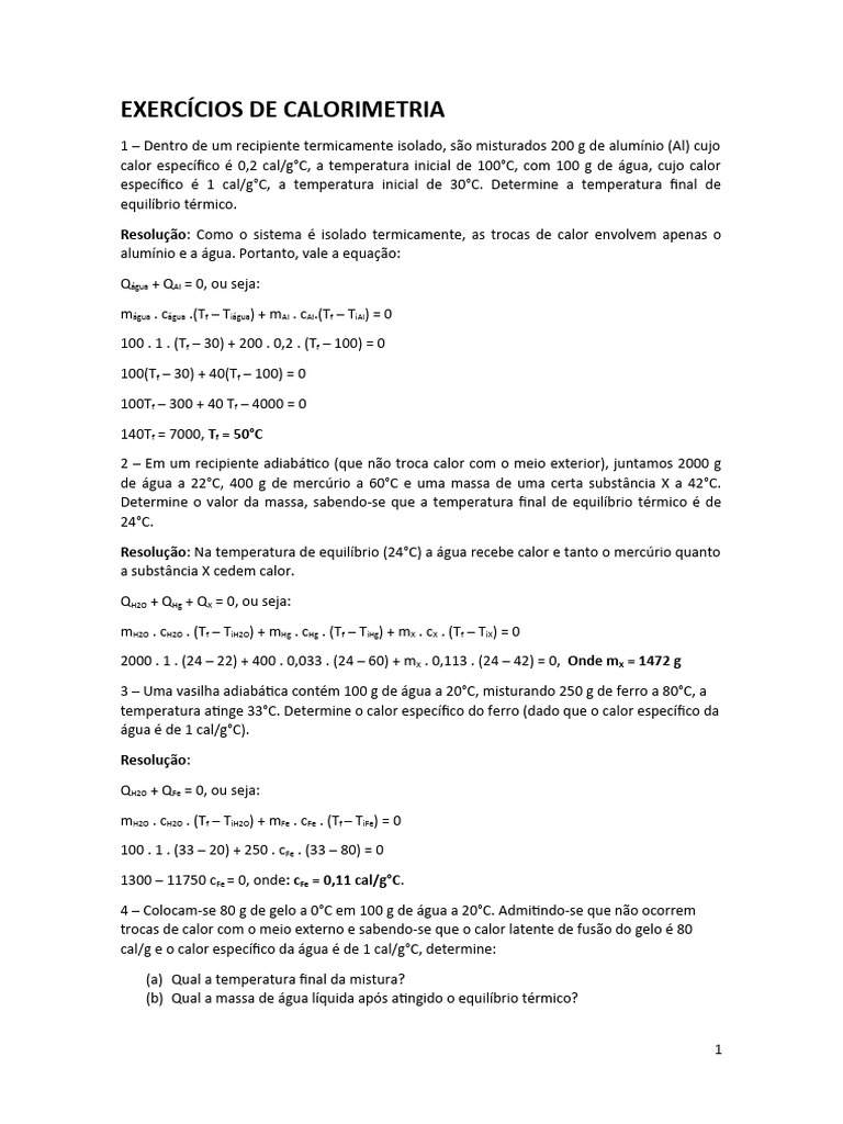 Exercícios de Calorimetria | PDF | Calor | Calorimetria