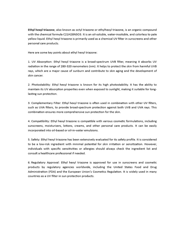 Ethyl Hexyl Triazone | PDF | Sunscreen | Ultraviolet