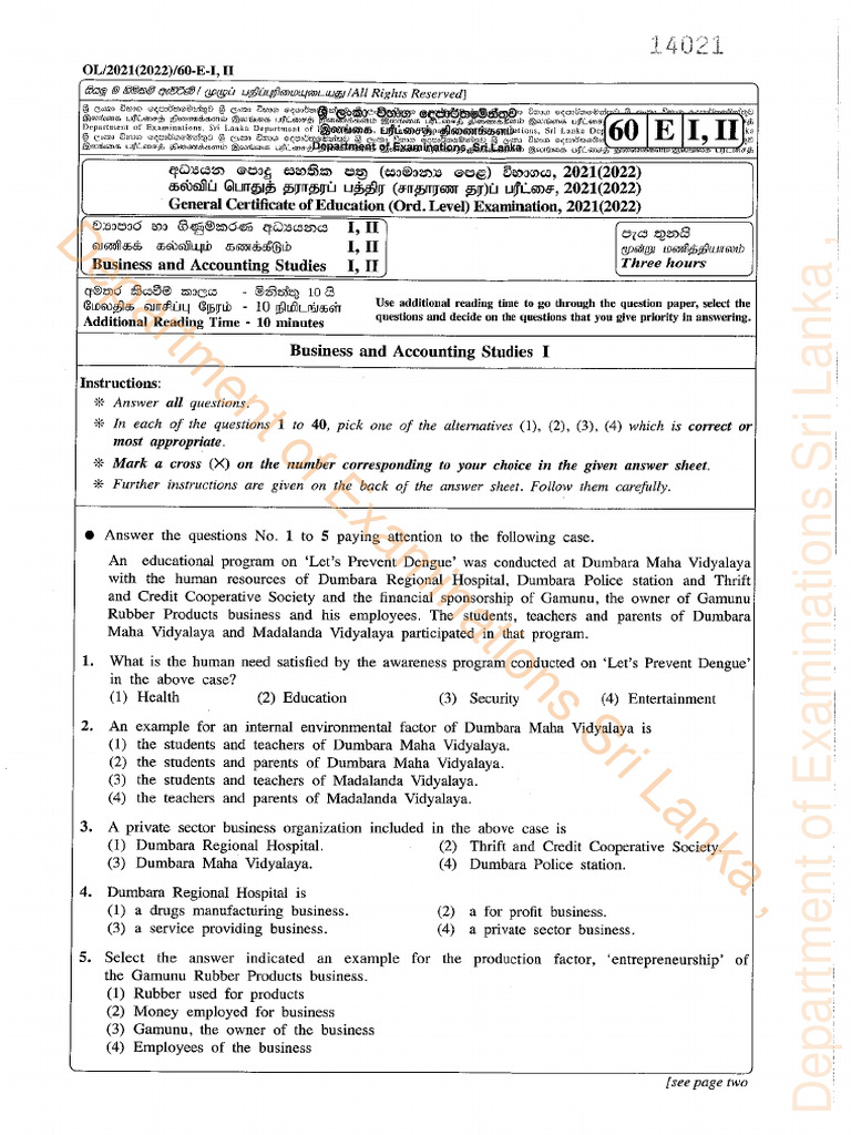 2021 OL Business Studies Past Paper and Answers English Medium | PDF