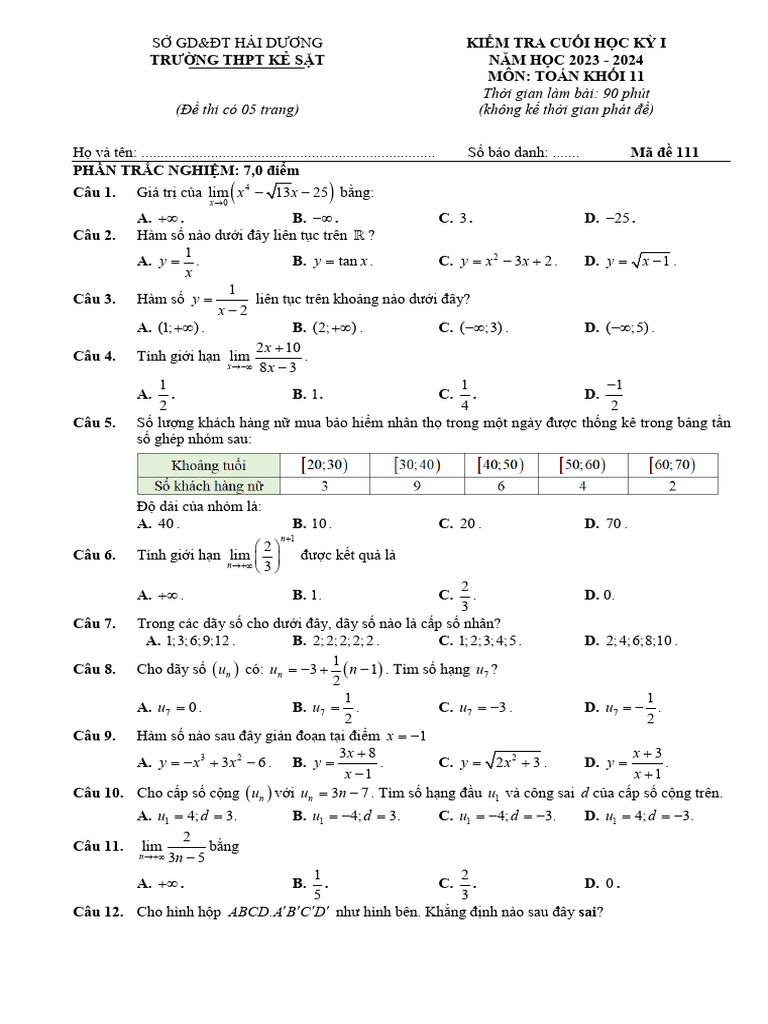 De Cuoi Hoc Ky 1 Toan 11 Nam 2023 2024 Truong THPT Ke Sat Hai Duong | PDF