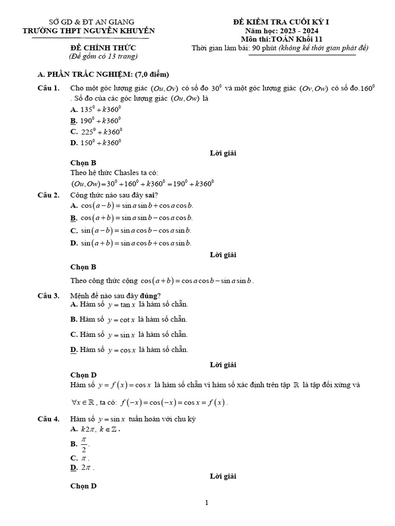 De Cuoi Ky 1 Toan 11 Nam 2023 2024 Truong Thpt Nguyen Khuyen an Giang | PDF