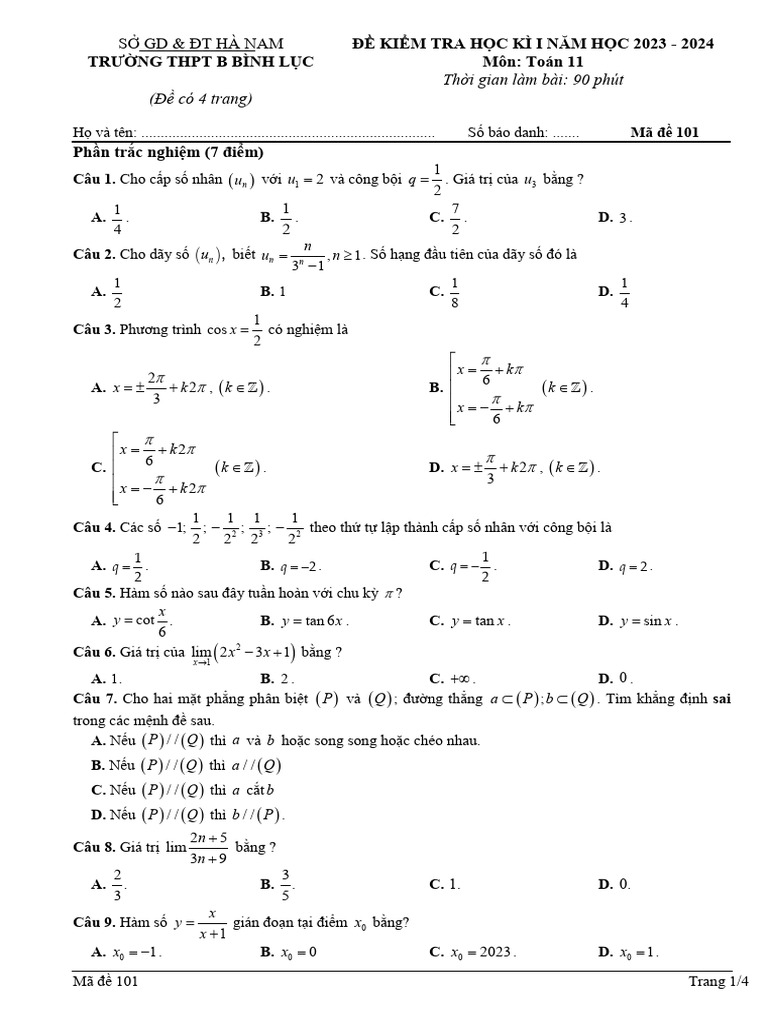 De Hoc Ki 1 Toan 11 Nam 2023 2024 Truong Thpt b Binh Luc Ha Nam | PDF