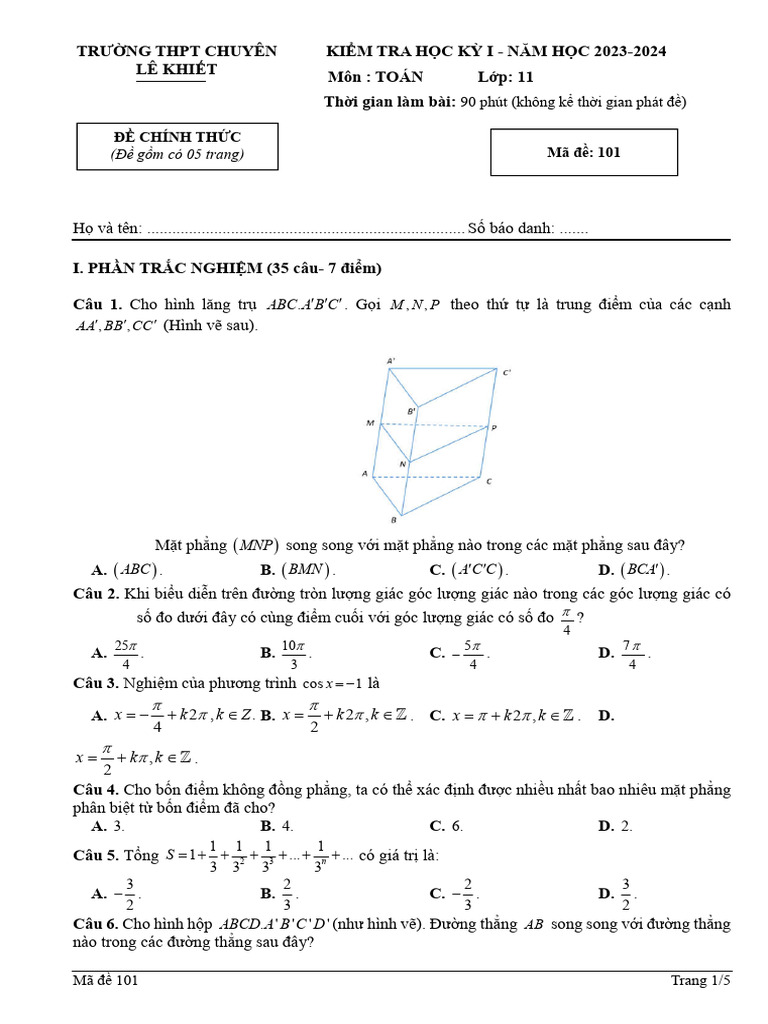 De Hoc Ky 1 Toan 11 Nam 2023 2024 Truong Chuyen Le Khiet Quang Ngai | PDF