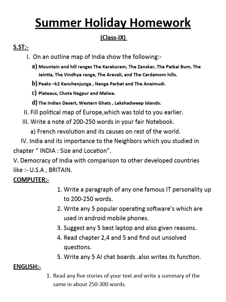Summer Holiday Homewor Class 9 | PDF | Equations