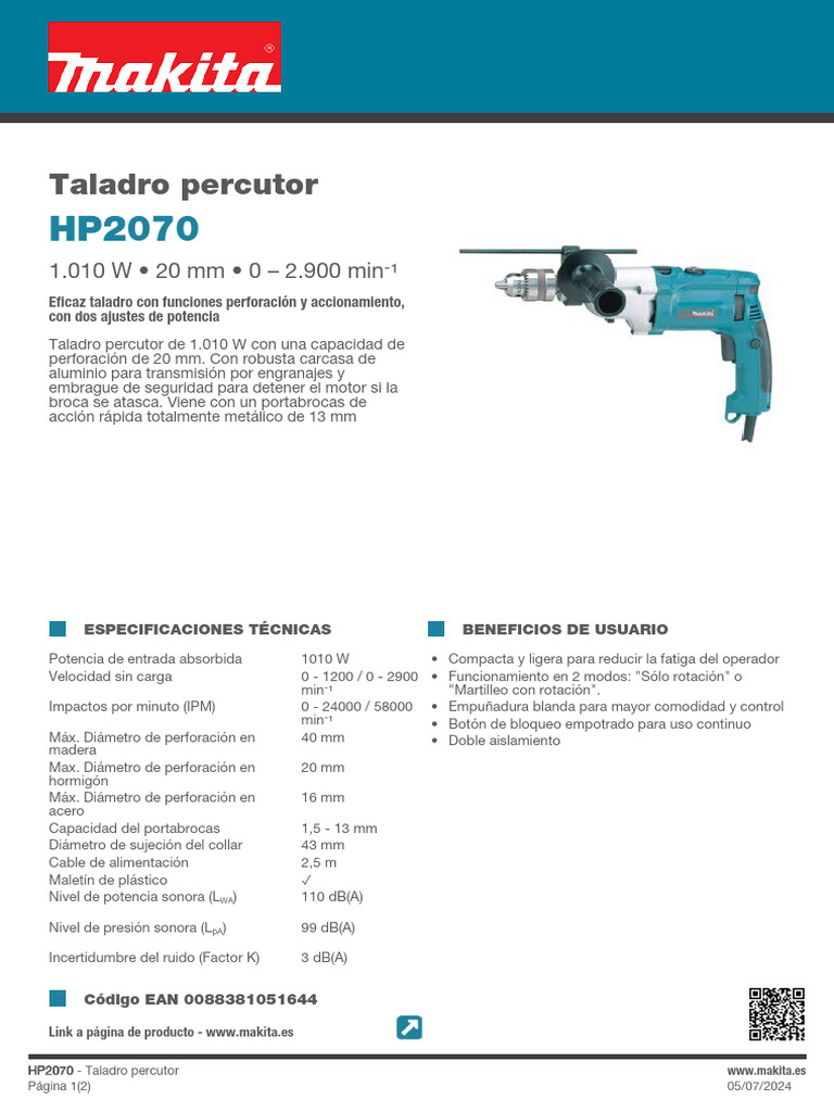 Ficha Tecnica Taladro Percutor Makita | Descargar gratis PDF | Perforar ...