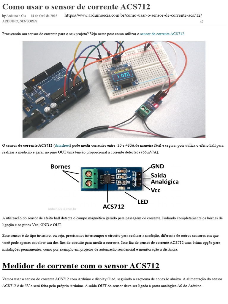 Como Usar o Sensor de Corrente ACS712 - Arduino e Cia - Loja | PDF | Arduino | Engenharia Elétrica