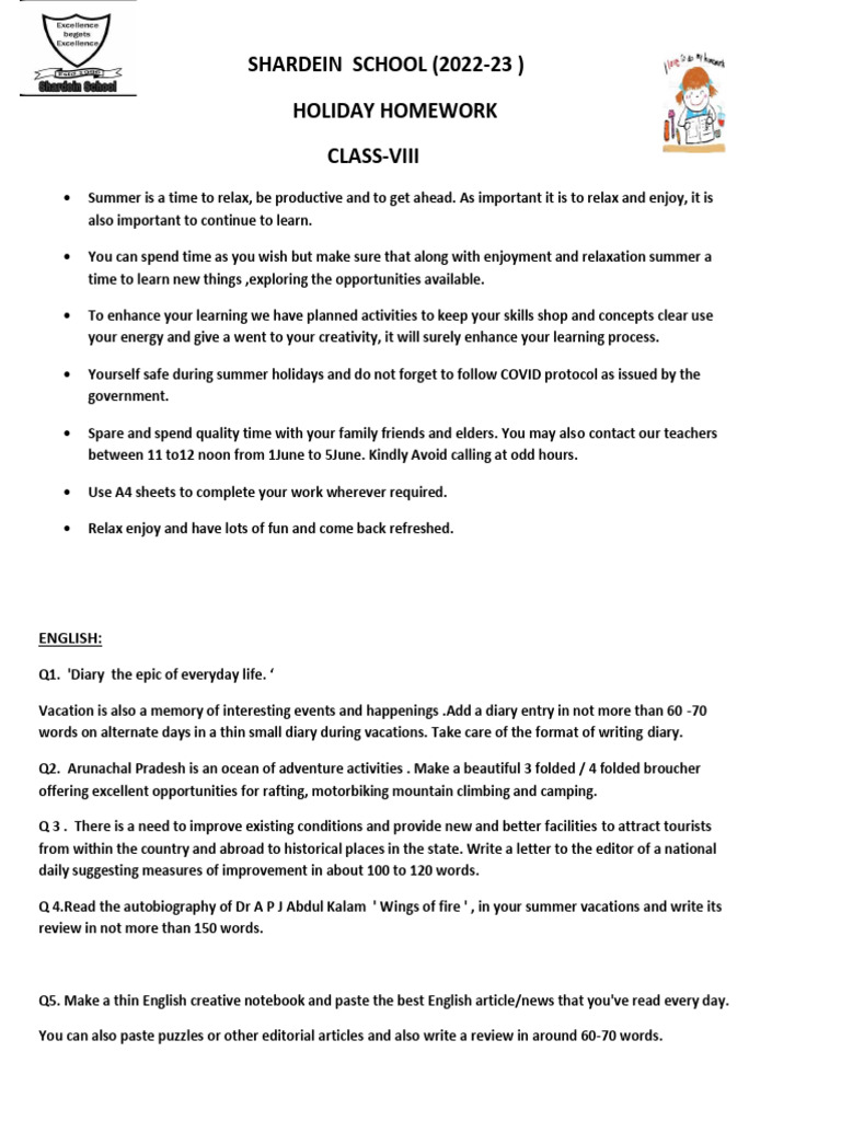 Holiday Homework Class 8 | PDF