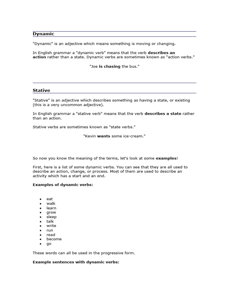 Dynamic vs. Stative Verbs Explained | PDF | Verb | Syntax